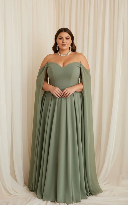 Plus Size Sage Green Off-the-shoulder Cape Sleeve A-line Evening Dress ...